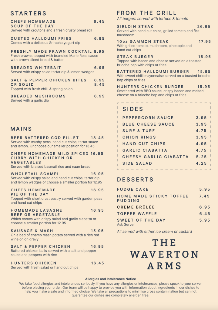 Menus | The Waverton Arms – Village Pub & Restaurant near Chester