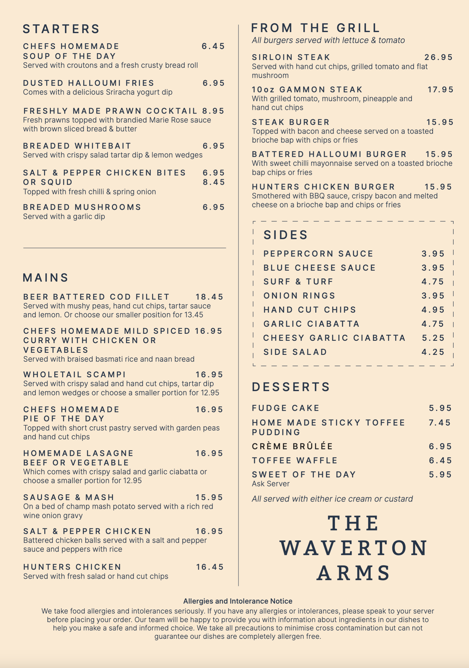 Menus | The Waverton Arms – Village Pub & Restaurant near Chester